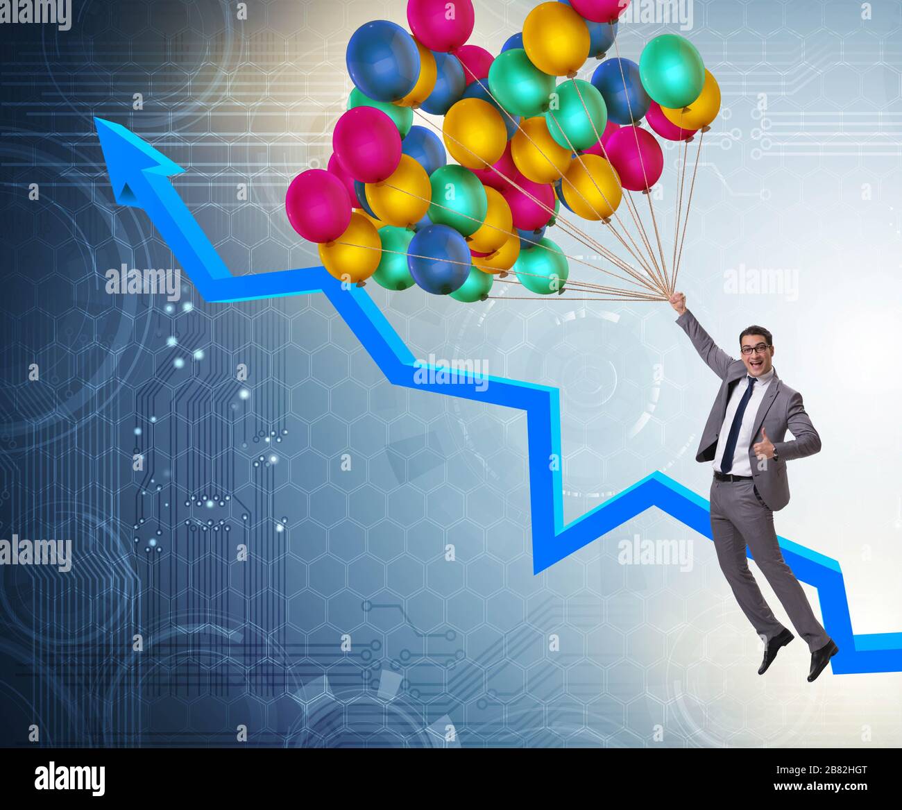 The businessman flying on balloons over graph Stock Photo - Alamy