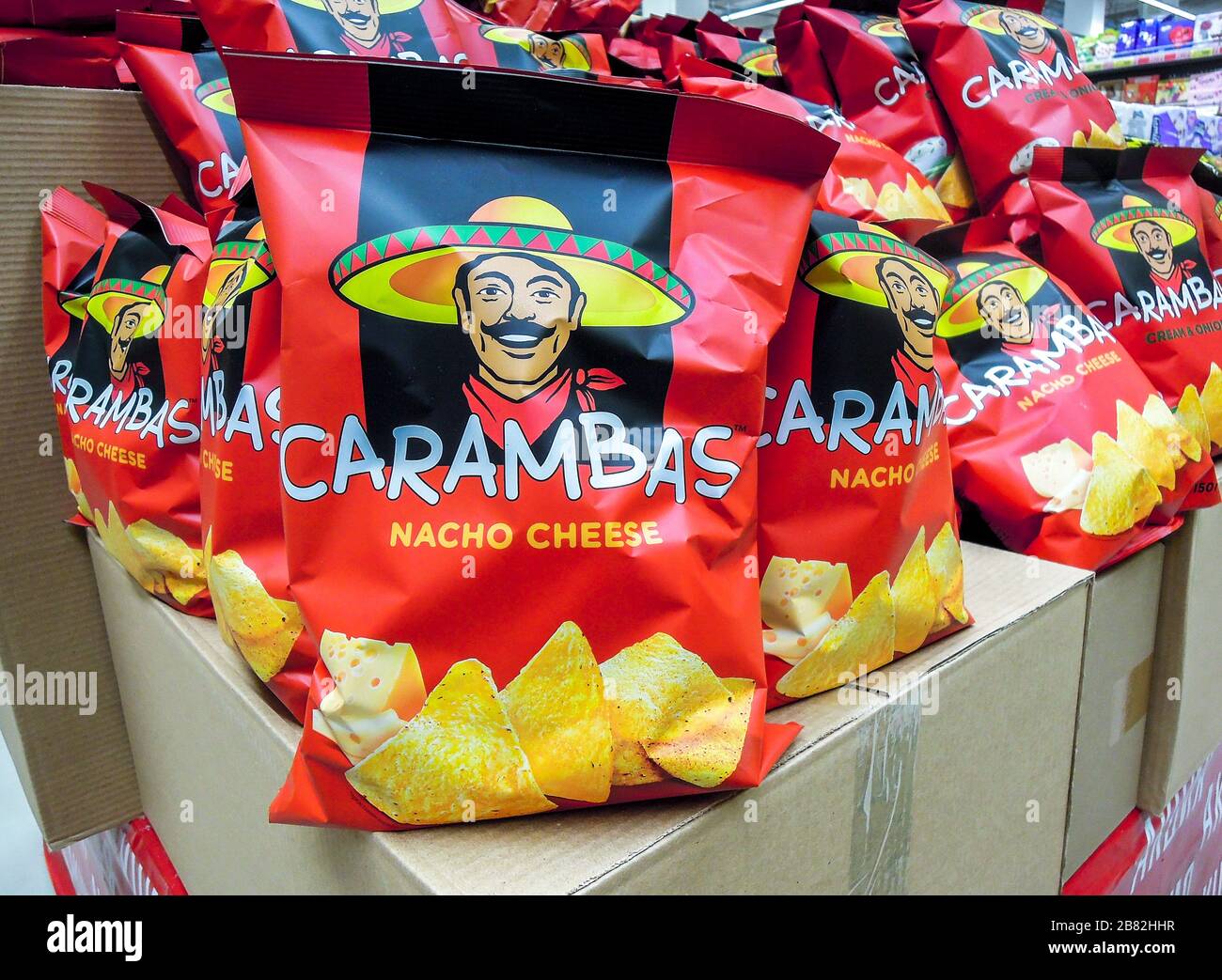 Samara, Russia - March 18, 2020: Packs of potato chips Carambas ready ...