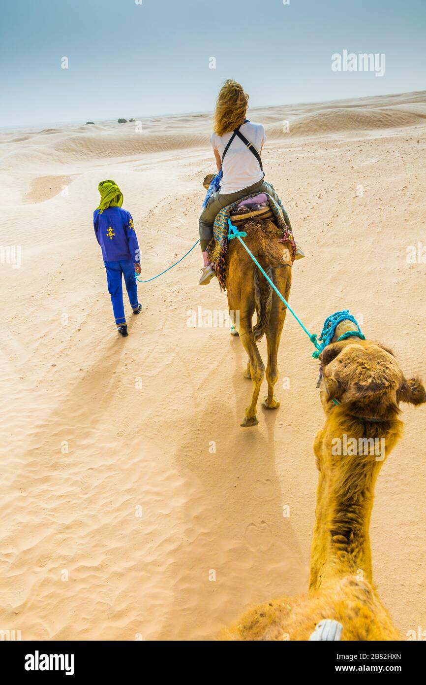 Woman and tuareg guide in a dromedary ride in the desert Stock Photo ...