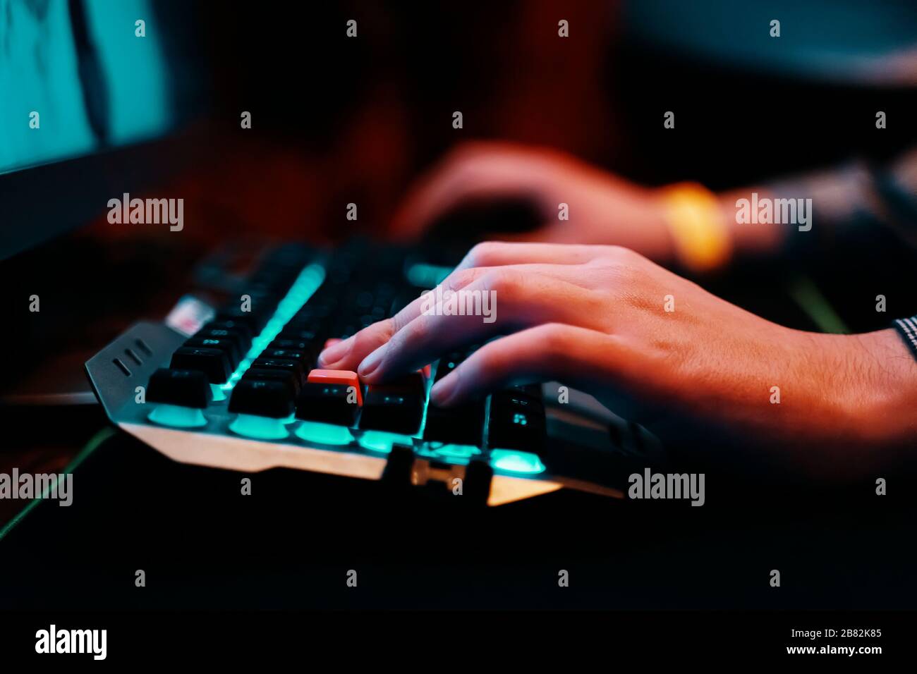 Gaming Keyboard. Professional cyber video gamer studio room with ...