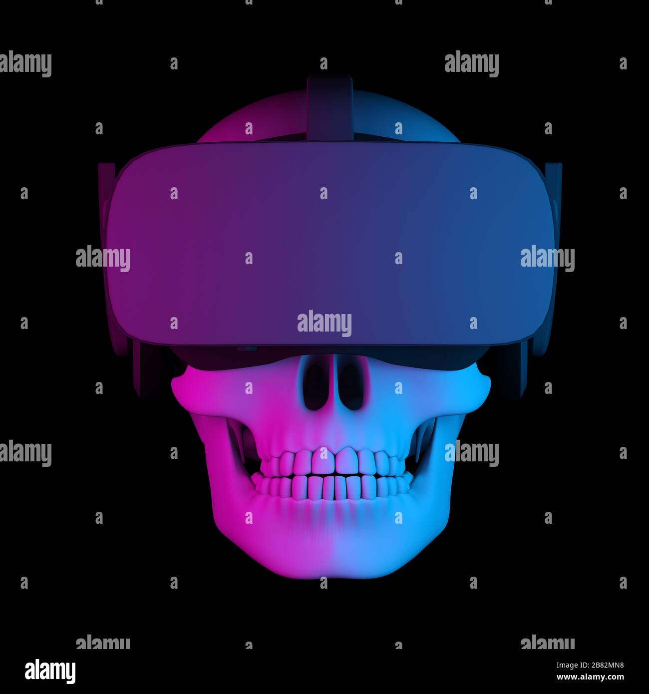 human skull in virtual reality helmet on black background. 3d rendering ...