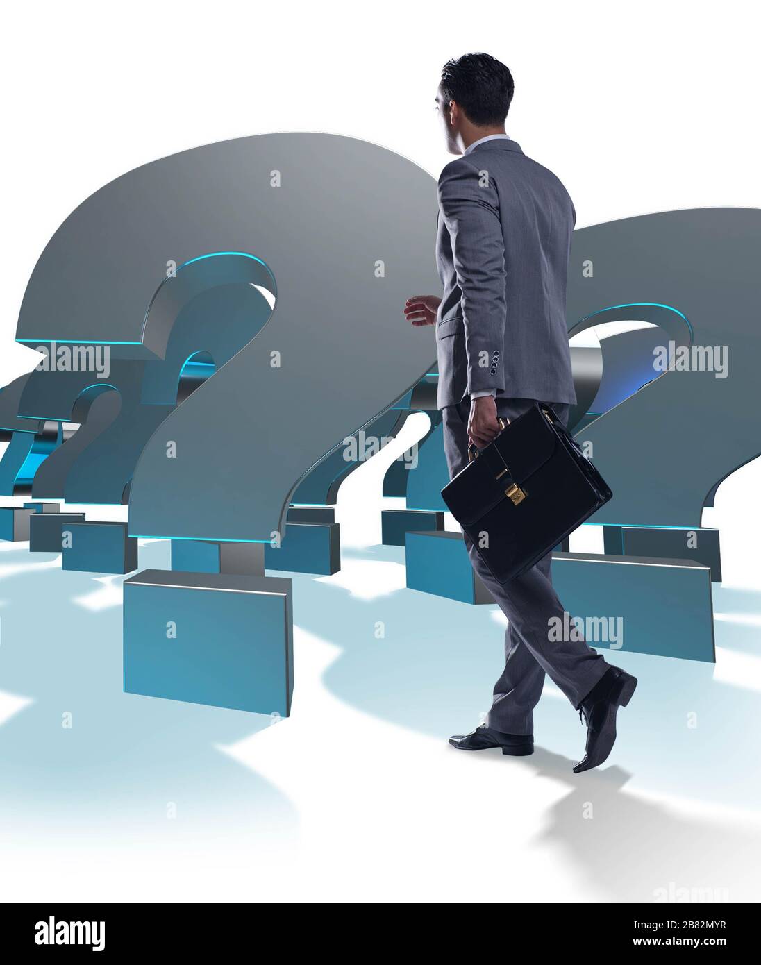 The businessman with question marks isolated on white Stock Photo - Alamy