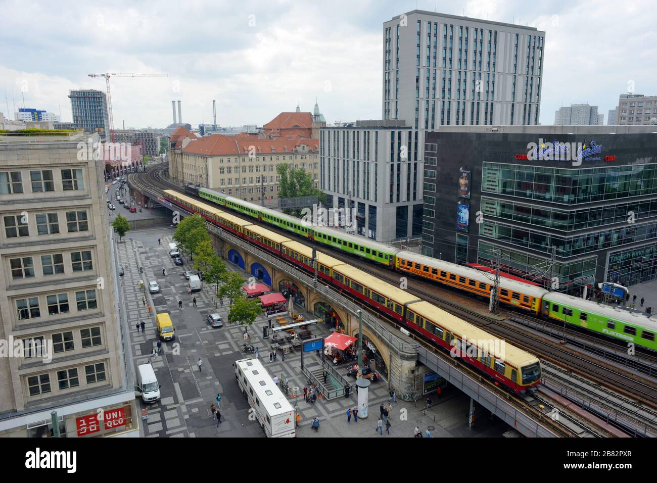 Berlin, Germany 05-17-2019 aerial of railways with trains passing near ...