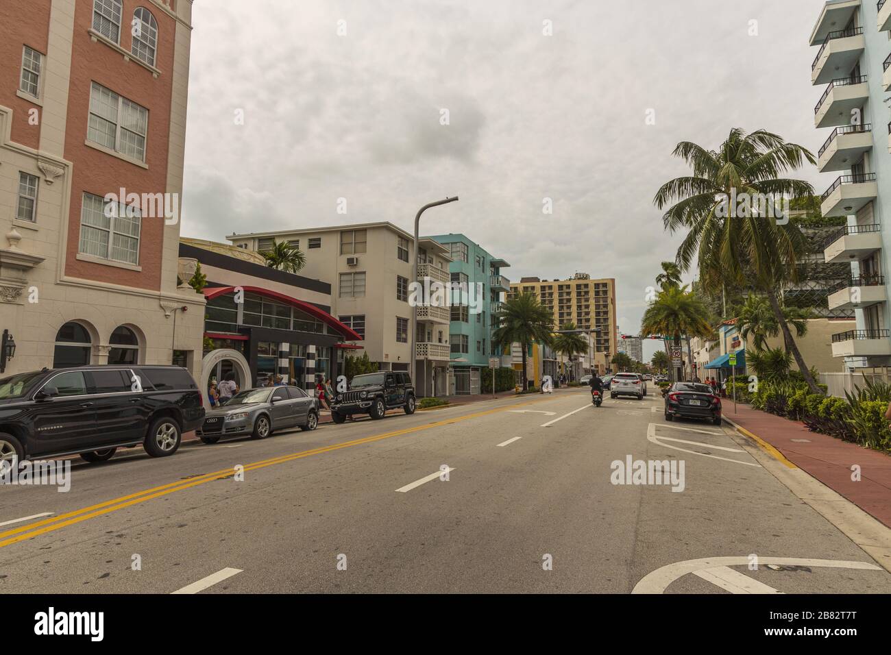 Beautiful landscape view of street of Miami Beach. White buildings and ...