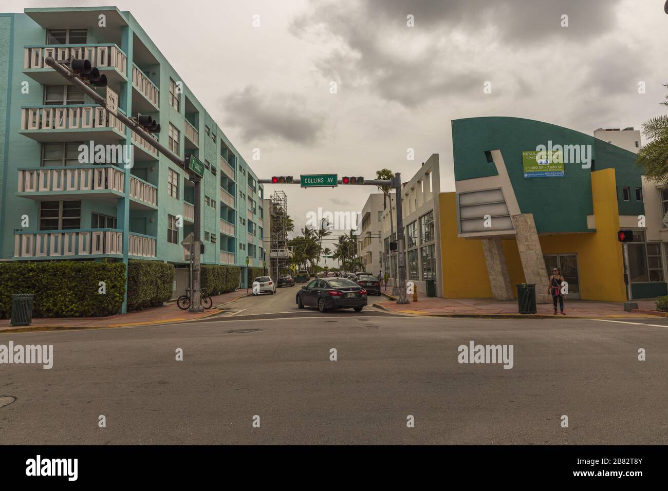 Beautiful landscape view of street of Miami Beach. White buildings and ...