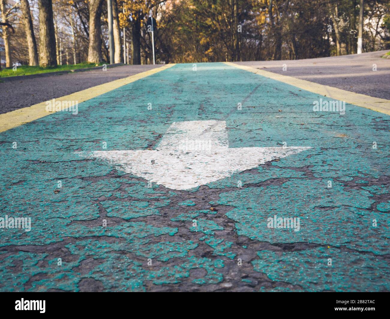 An arrow on a bicycle path. Green bicycle lane with a white arrow Stock ...