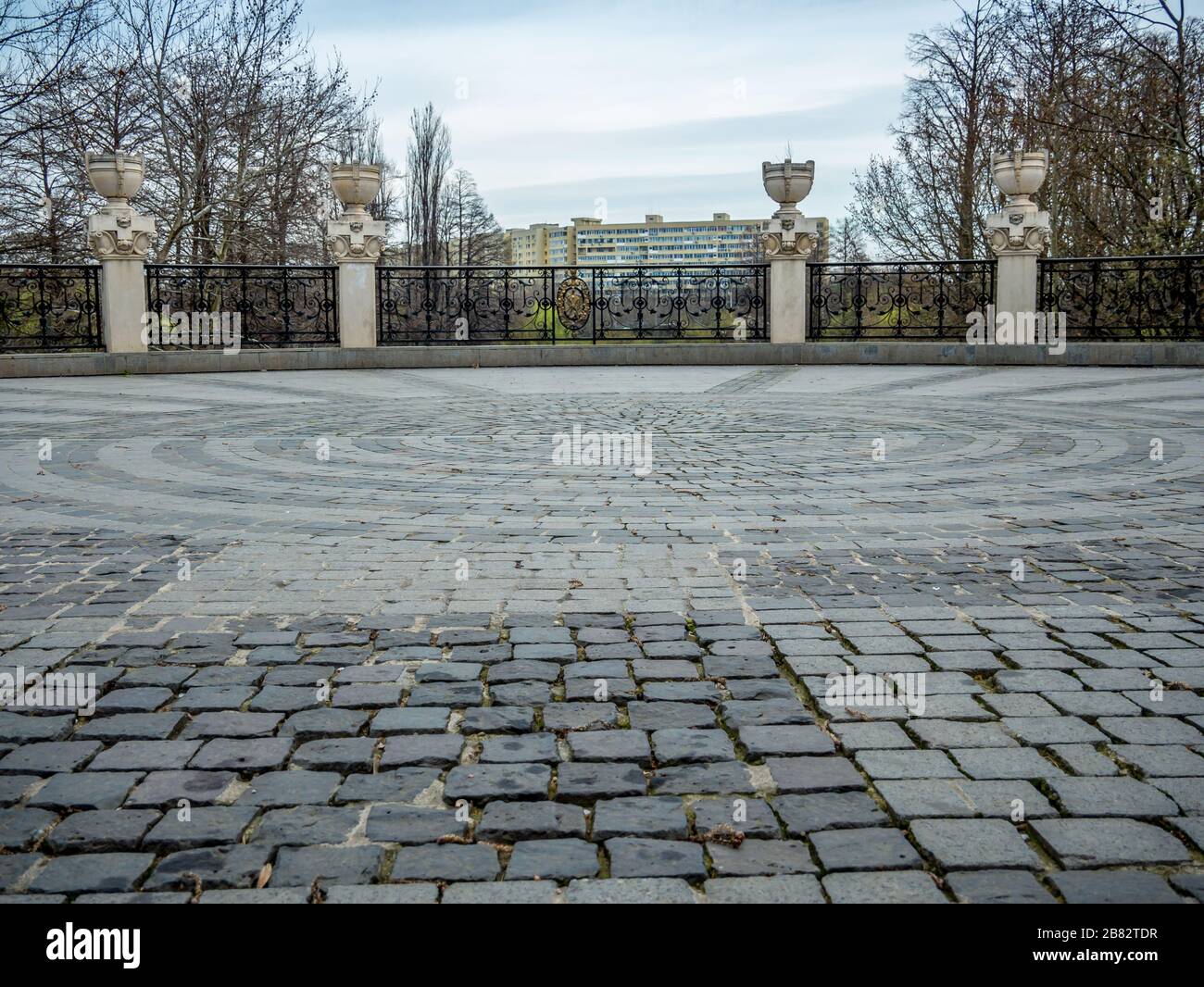 Belvedere point in Titan Park , in Bucharest. Old cobblestone in circle ...