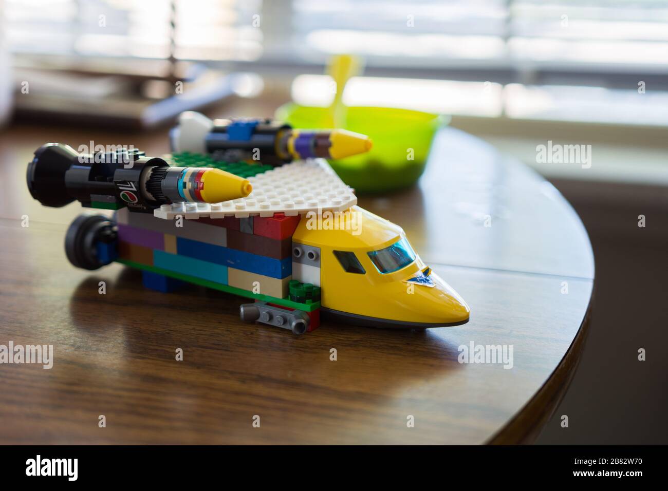 Child's finished colorful block spaceship creation Stock Photo - Alamy