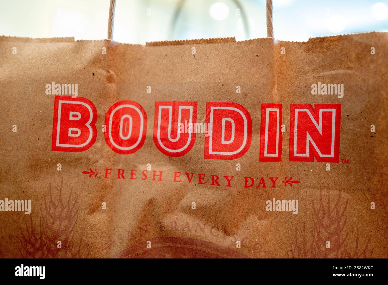 Close-up of logo for Boudin, an iconic restaurant and sourdough bakery ...