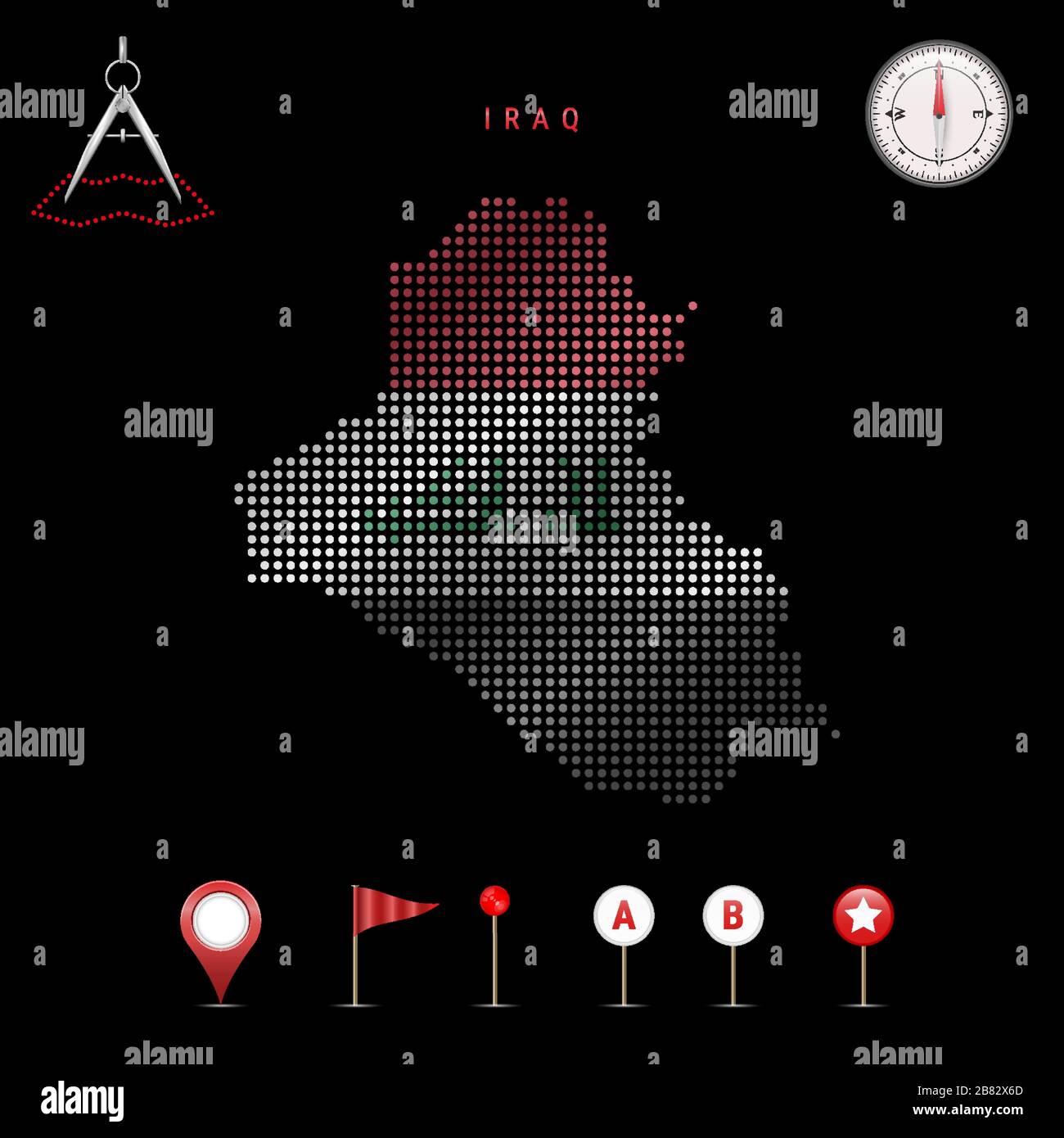 Dotted map of Iraq painted in the colors of the national flag of Iraq ...