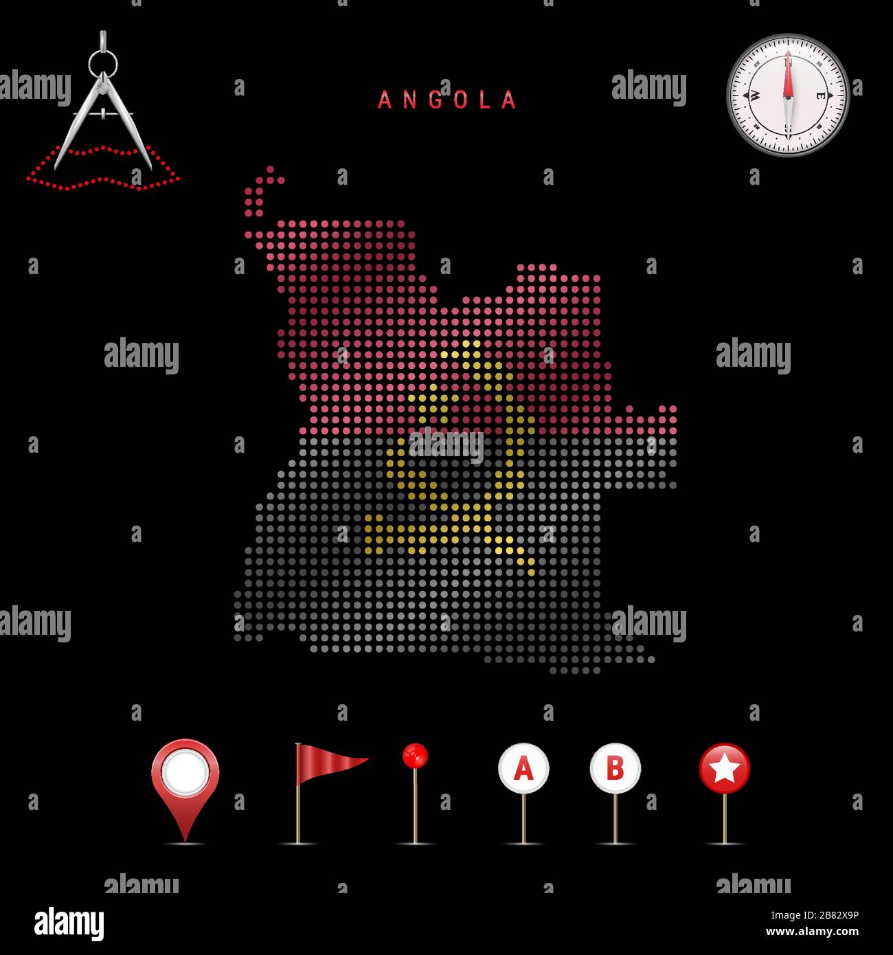 Dotted map of Angola painted in the colors of the national flag of ...