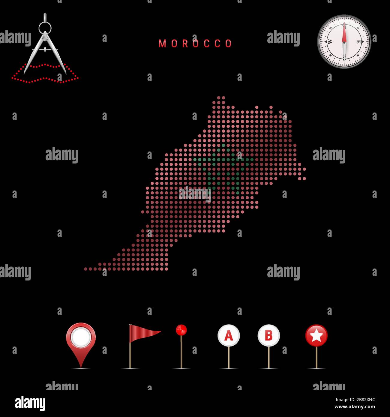 Dotted map of Morocco painted in the colors of the national flag of ...