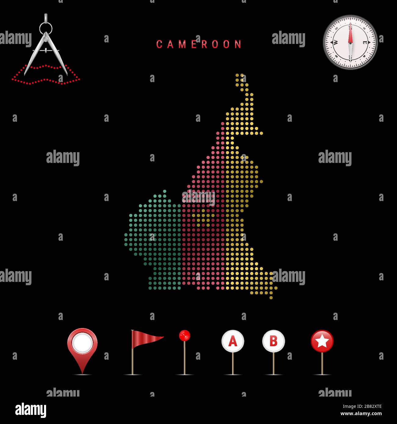Dotted map of Cameroon painted in the colors of the national flag of ...