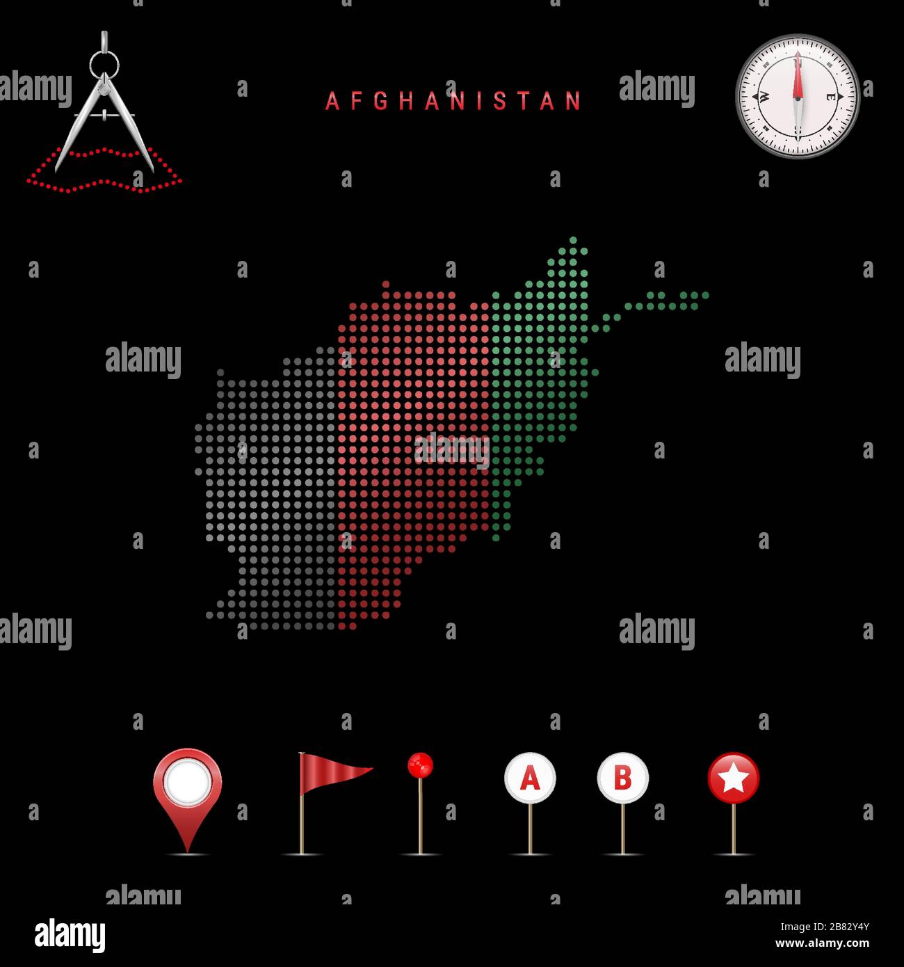 Dotted map of Afghanistan painted in the colors of the national flag of ...