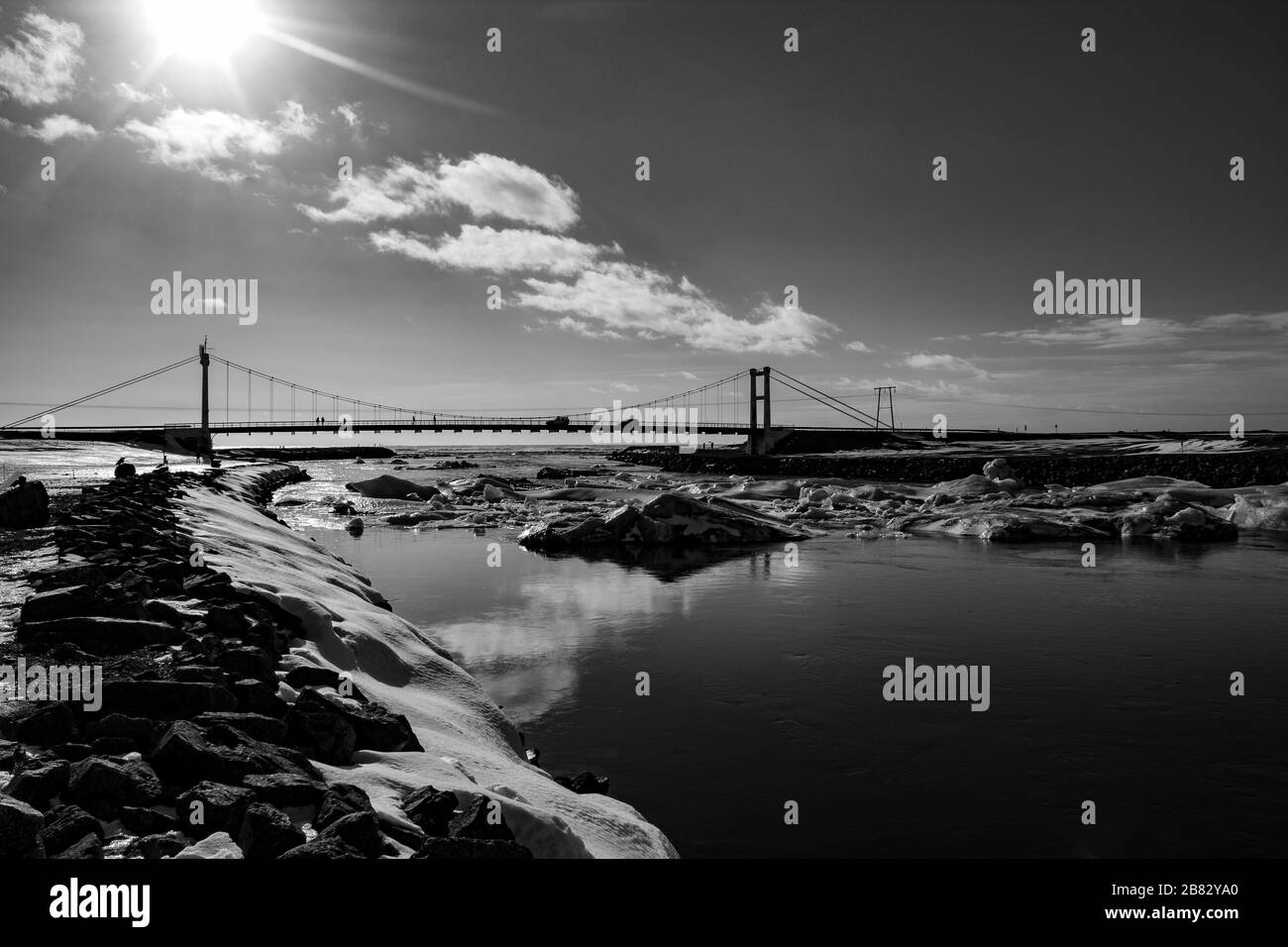 bridge over the river to the sea, with ice chunks and ice floes Stock ...