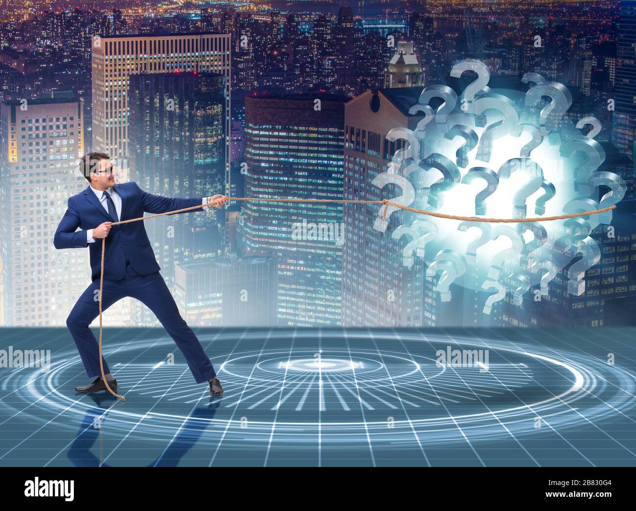 The businessman pulling question marks in uncertainty concept Stock ...