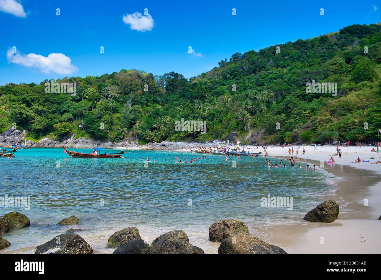 Fishing boats at Freedom beach in Phuket Island, Thailand. Beautiful ...