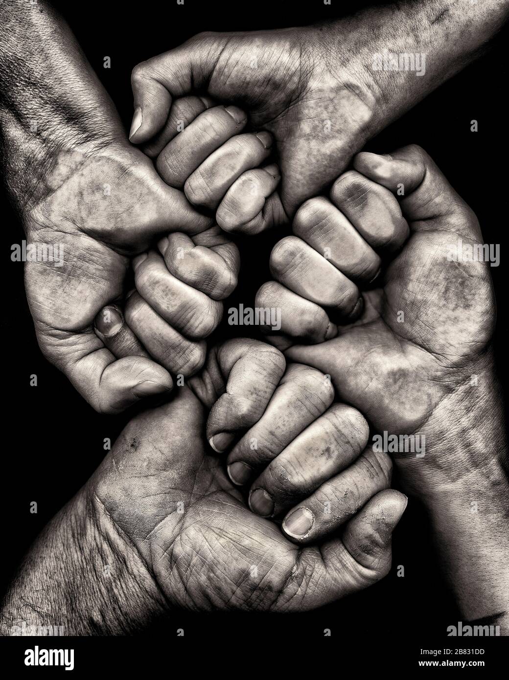 Four Clenched Hands against Black Background Stock Photo - Alamy