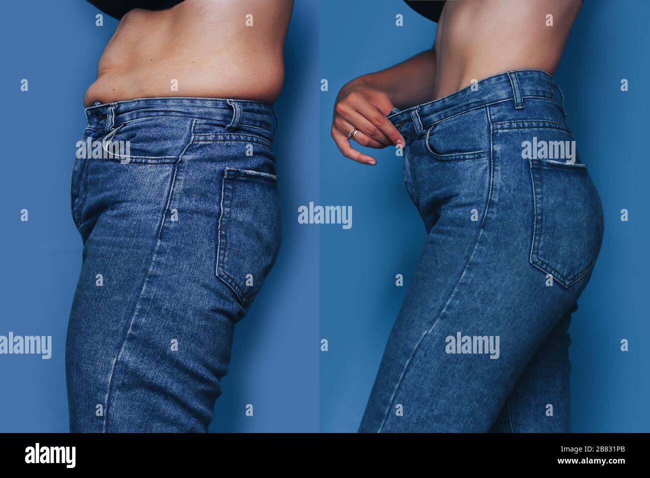 Portraits of woman before and after from fat to slim concept standing ...