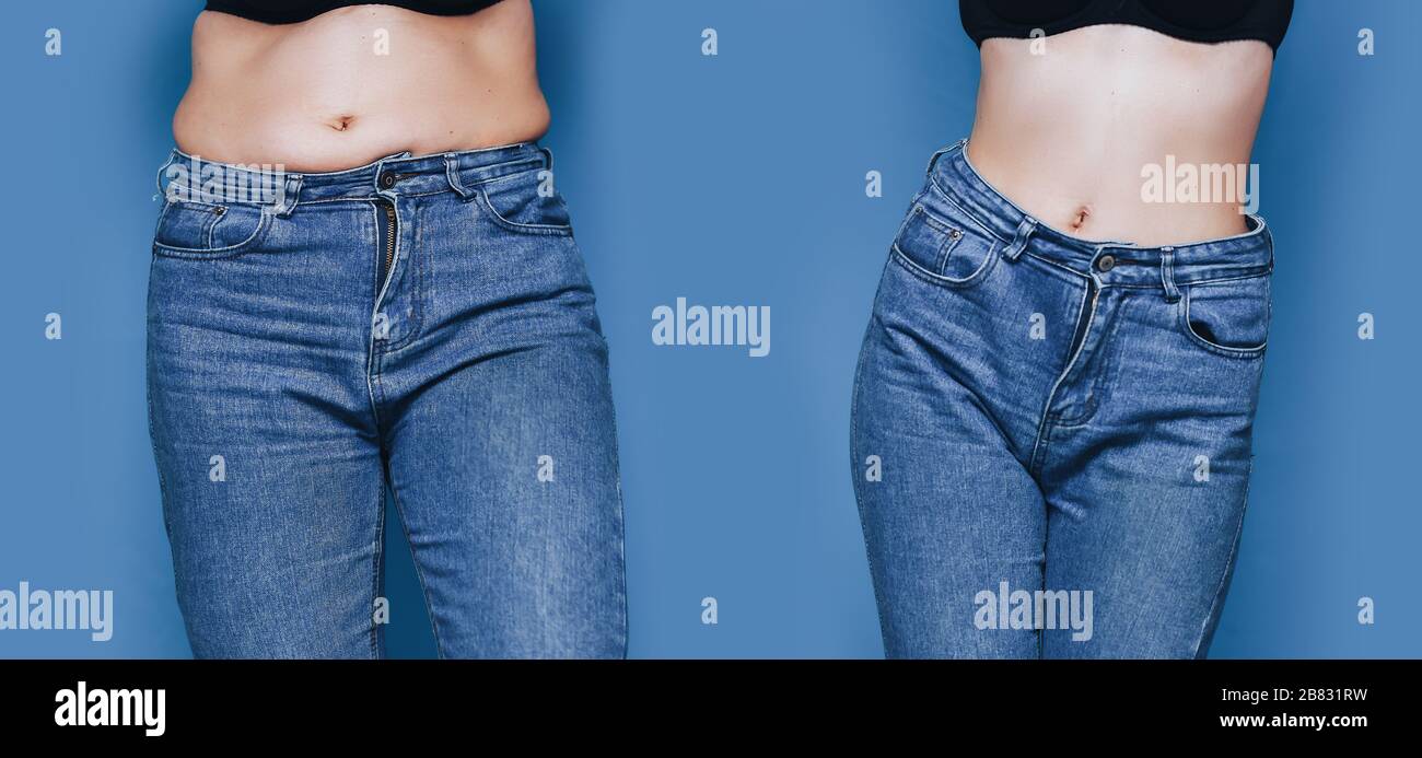 Portraits of woman before and after from fat to slim concept standing ...