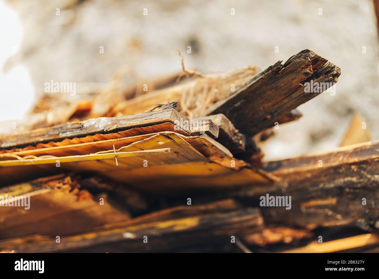 Abandoned wooden building, a ruin built of wood planks, destroyed ...