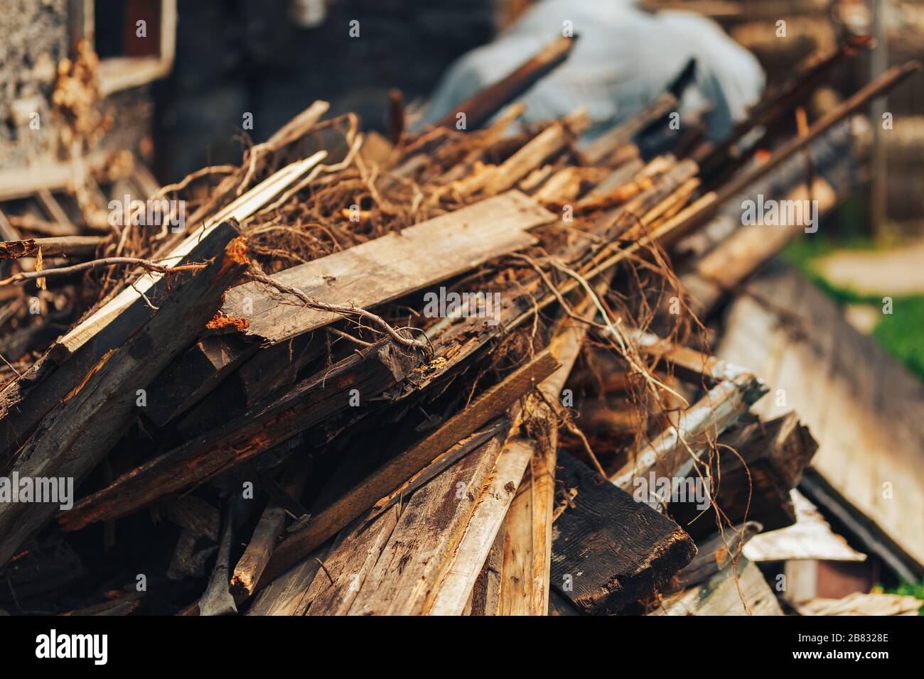 Abandoned wooden building, a ruin built of wood planks, destroyed ...