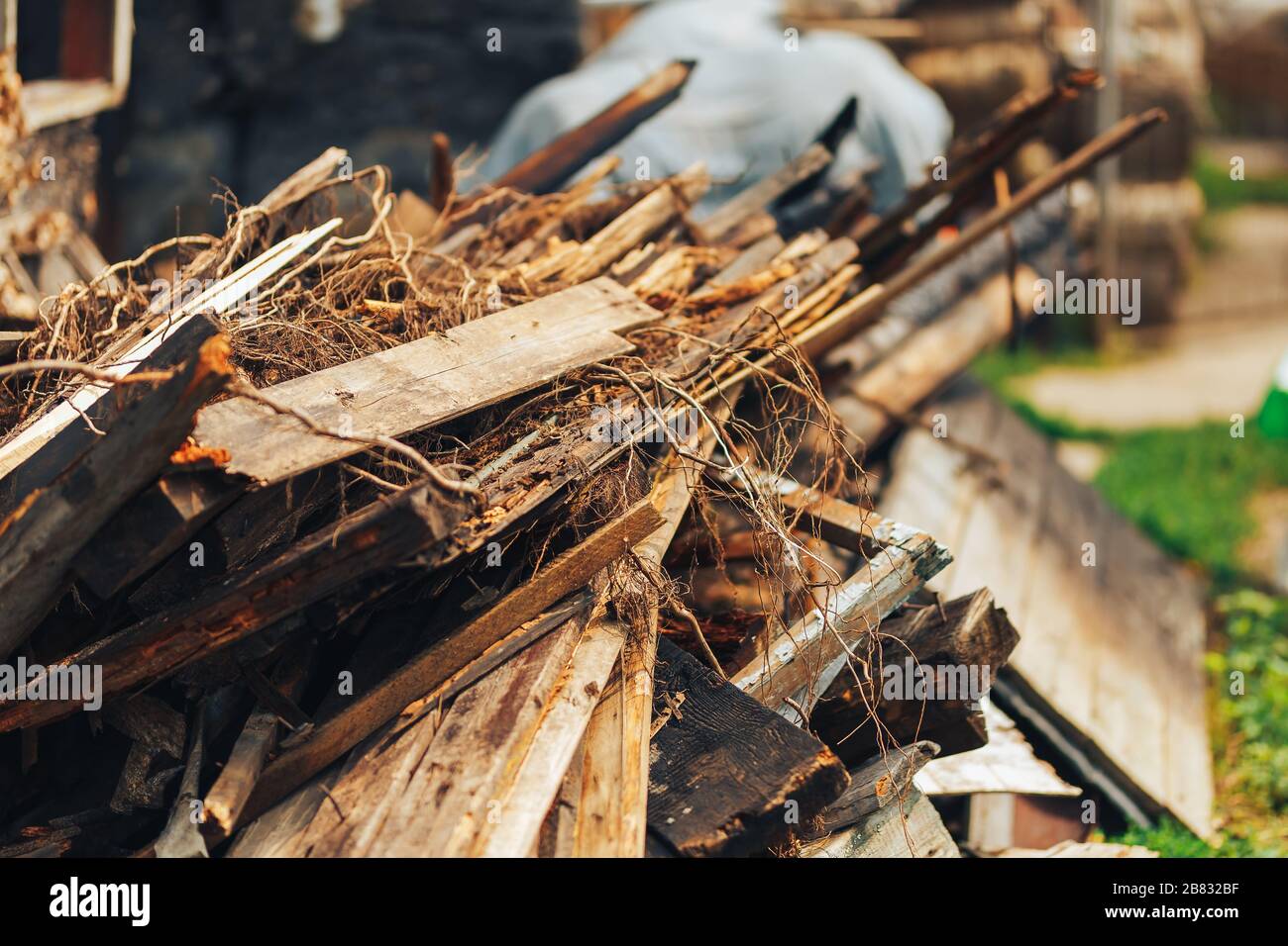Abandoned wooden building, a ruin built of wood planks, destroyed ...