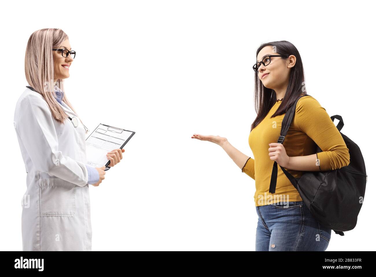 Student talking to a female doctor isolated on white background Stock ...