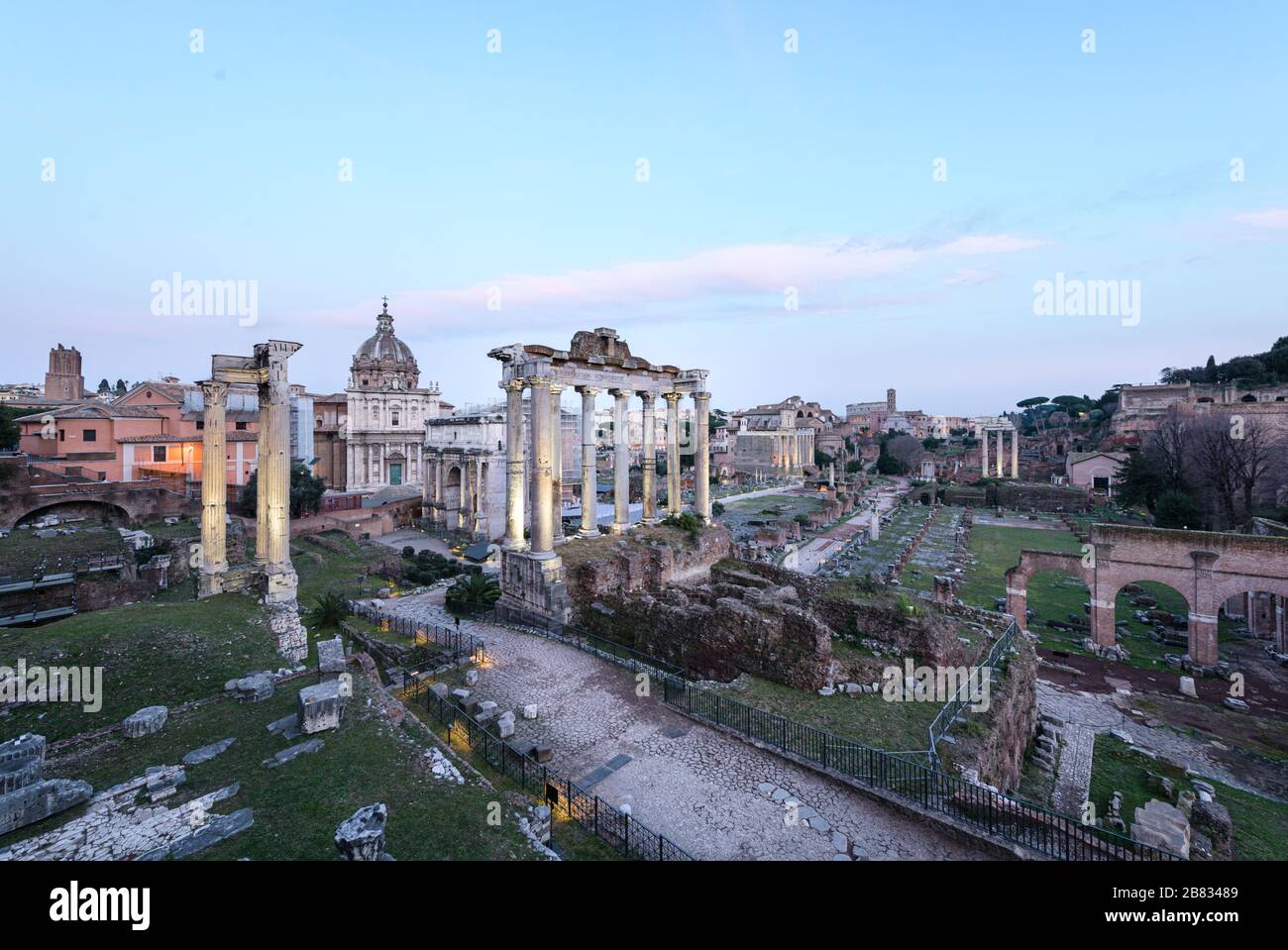 Cityscape of the Roman Forum ruins with the Arch of Severus, temple of ...