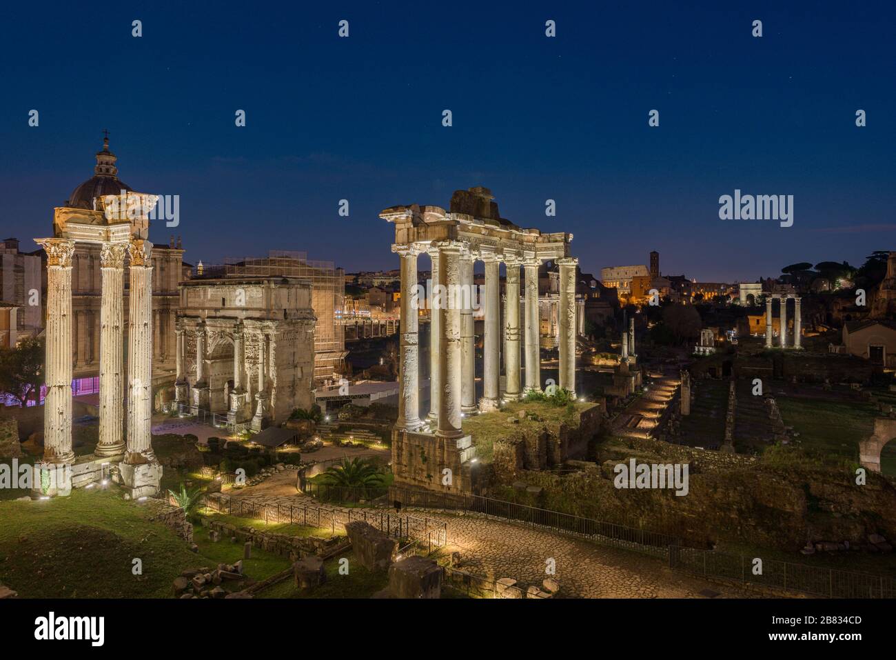 Cityscape of the Roman Forum ruins with the Arch of Severus, temple of ...