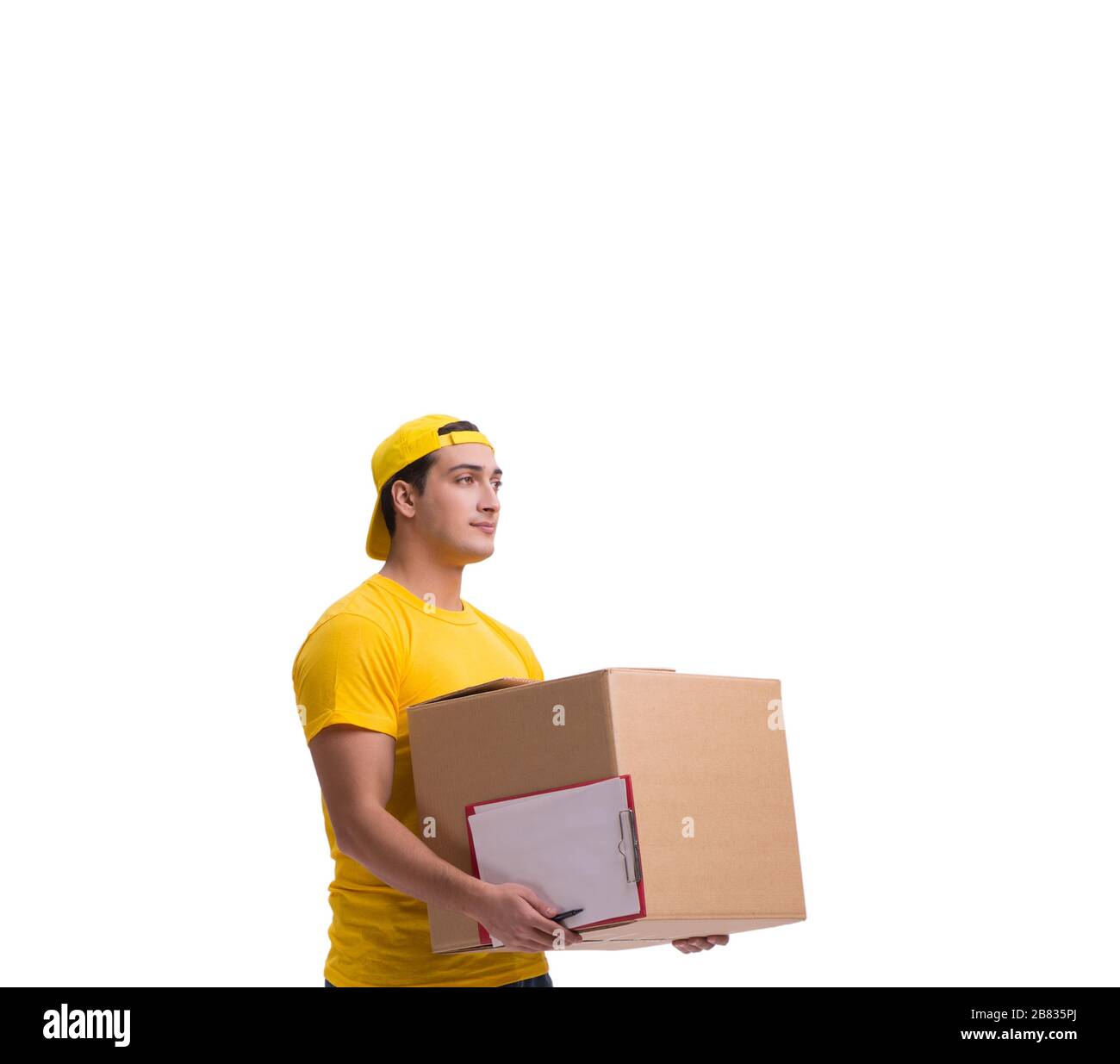 The funny delivery boy with box isolated on white Stock Photo - Alamy