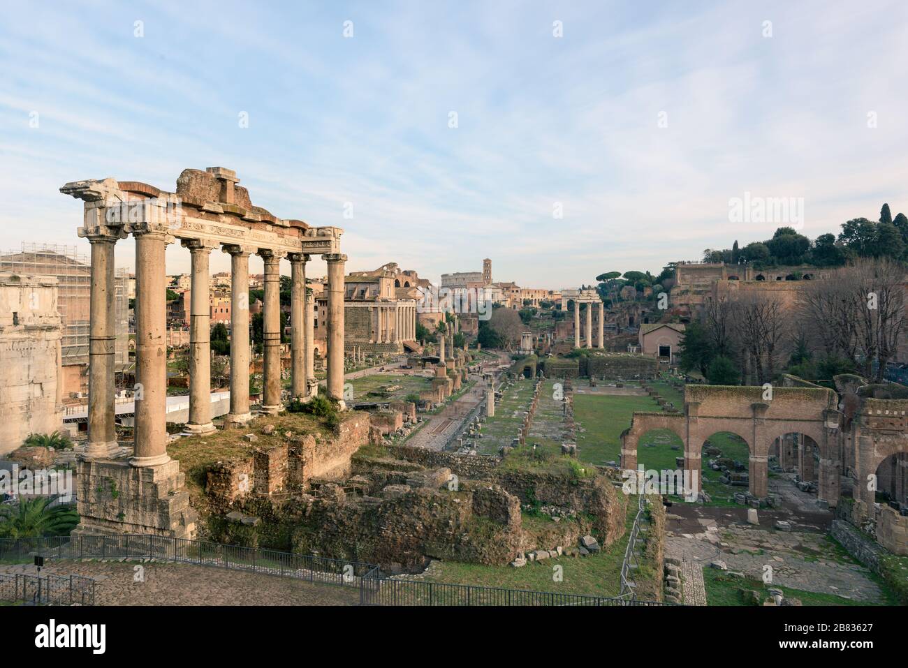 Cityscape of the Roman Forum ruins with the Arch of Severus, temple of ...