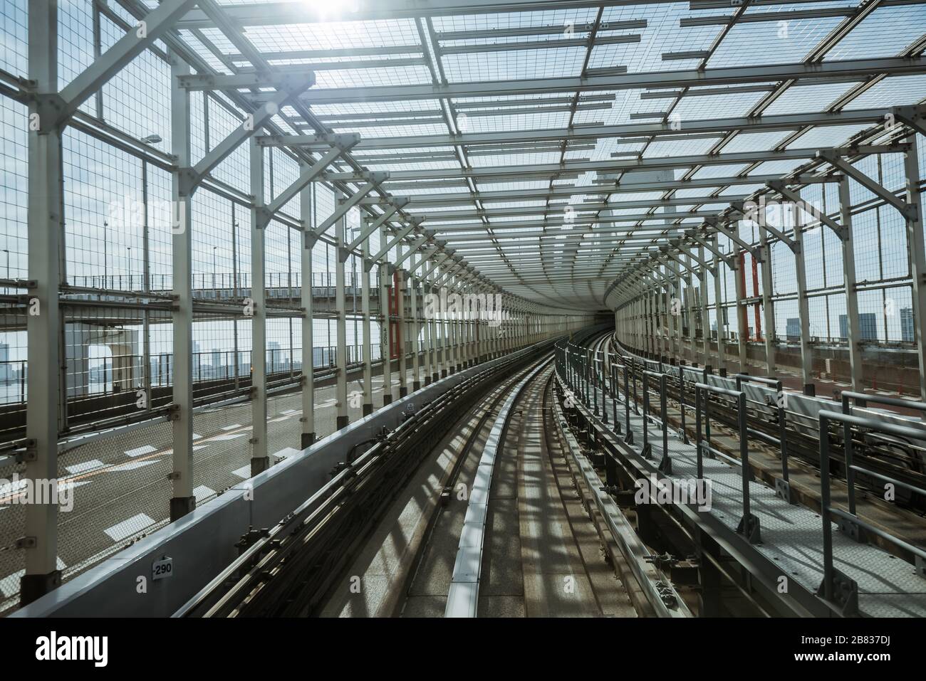 tunnel of monorail road view from front window of a moving train ...