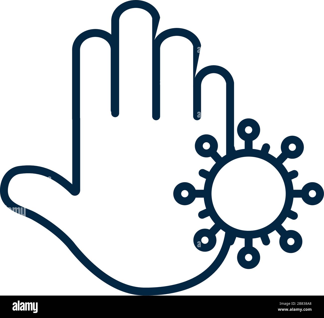 hand and virus symbol icon over white background, line style, vector ...