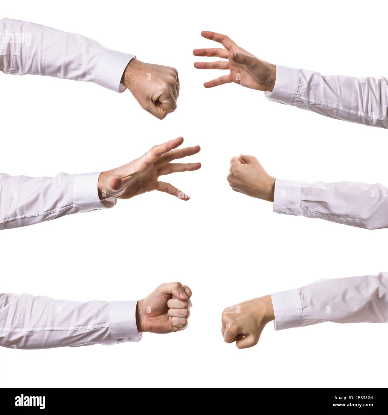 Hands depicting different state of aggression, isolated on white ...