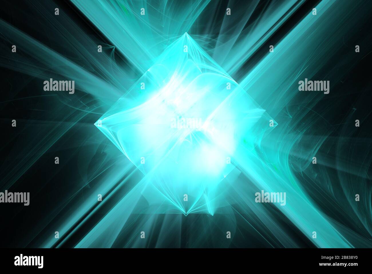 Neon glowing lines and shapes flying in the space. Geometric sci-fi structure. Abstract creative ...