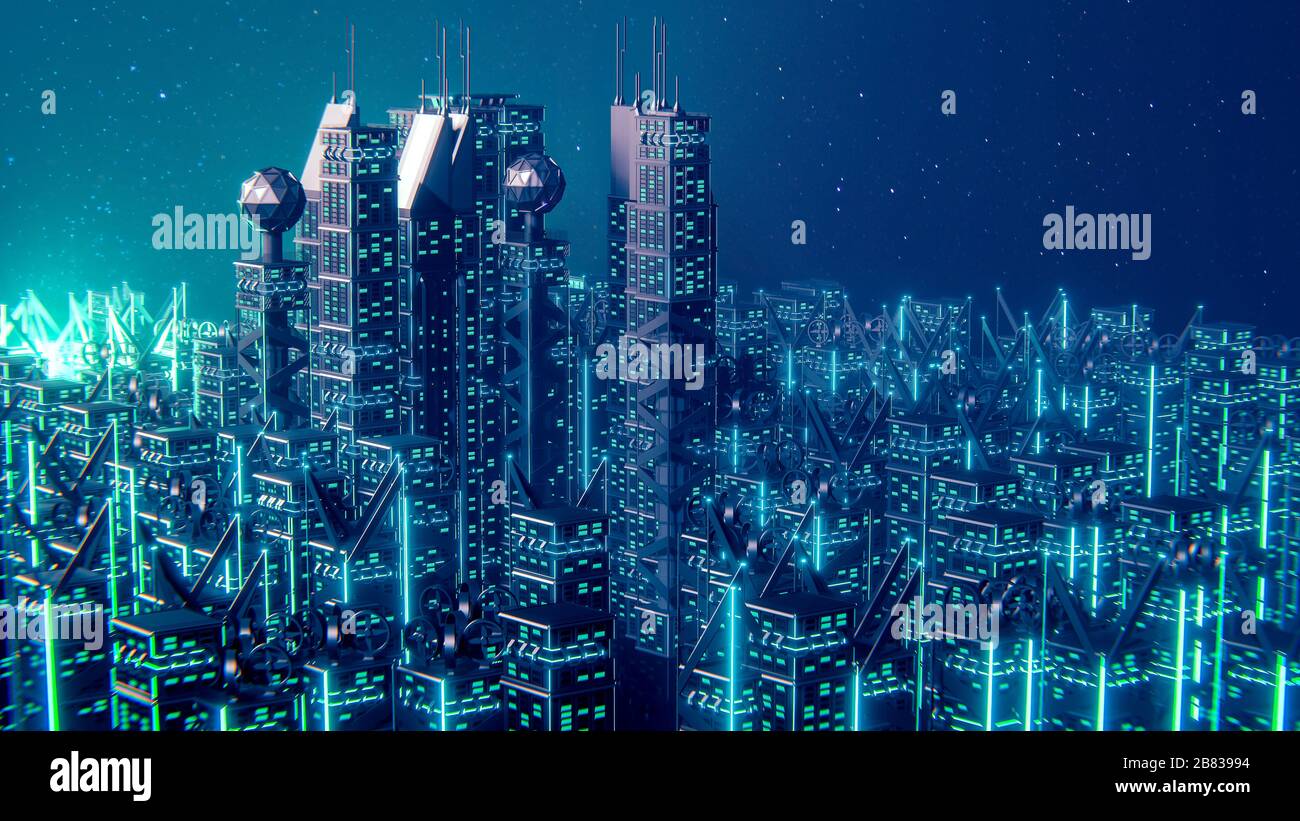 3D Night city illustration with neon glow and vivid colors ...