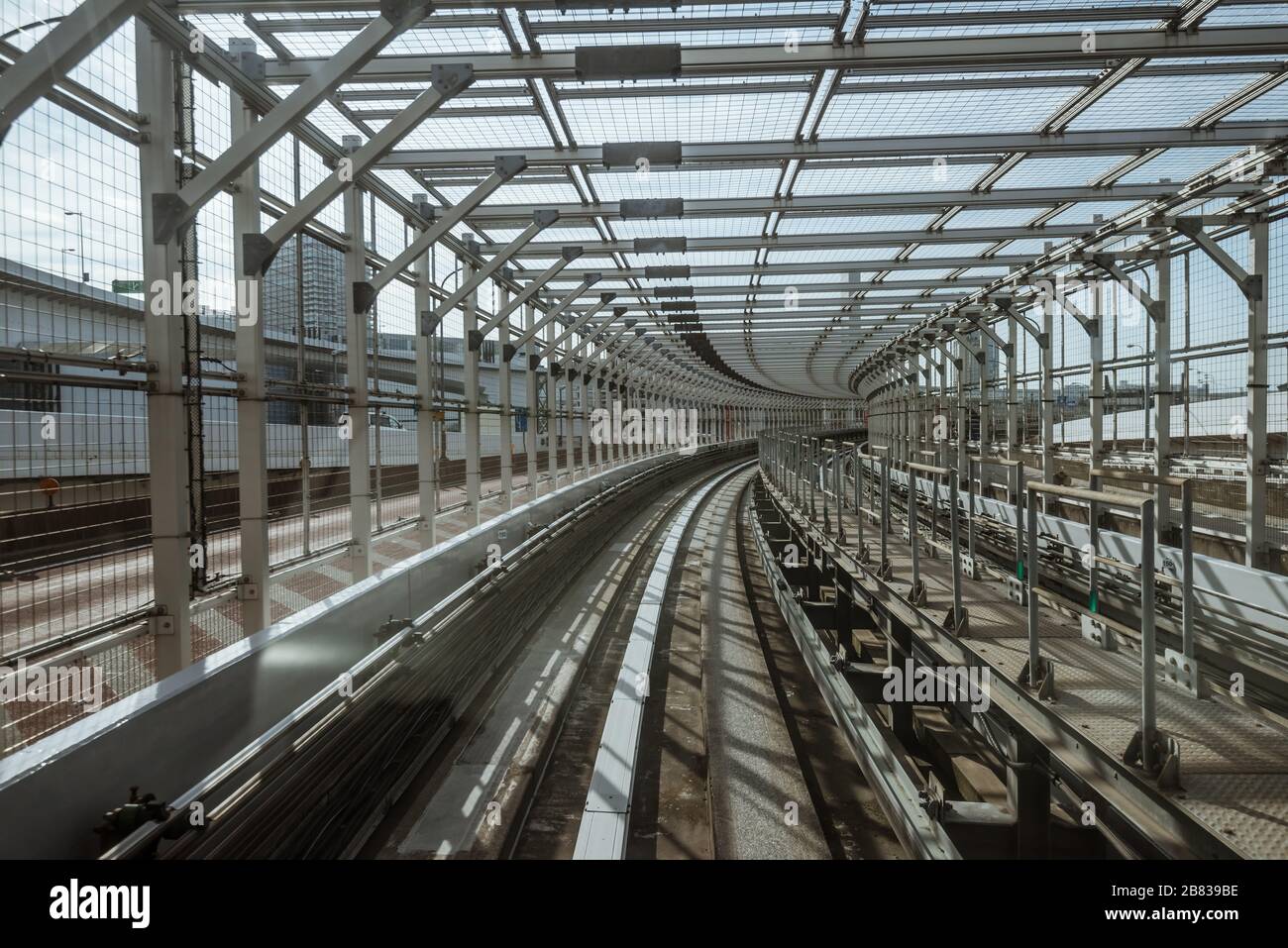 tunnel of monorail road view from front window of a moving train ...