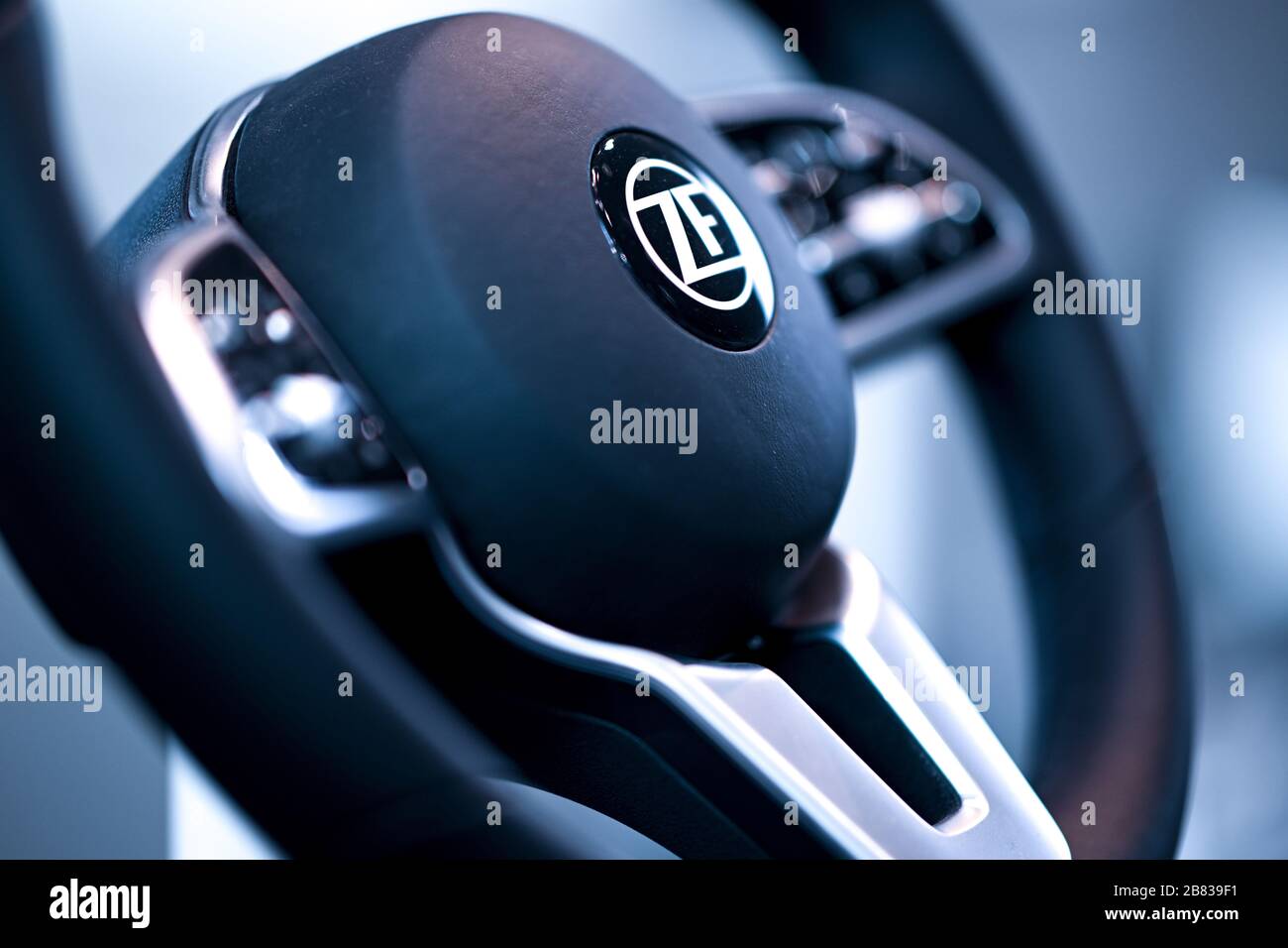 Friedrichshafen, Germany. 12th Mar, 2020. A ZF logo is on an exhibited ...