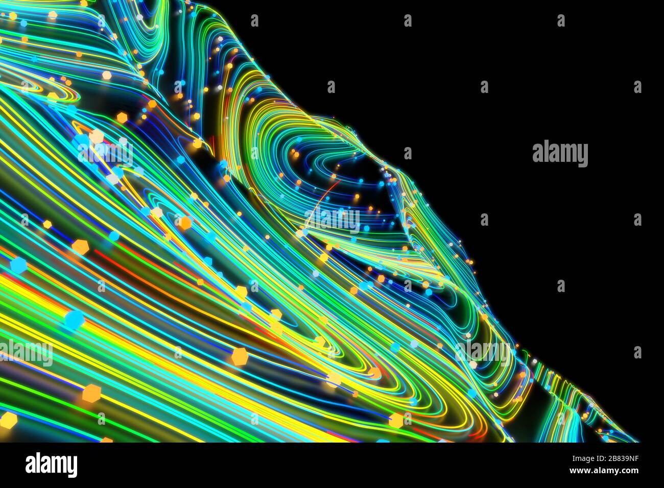 Neon glowing twisted cosmic lines on the glossy surface. Turbulence ...