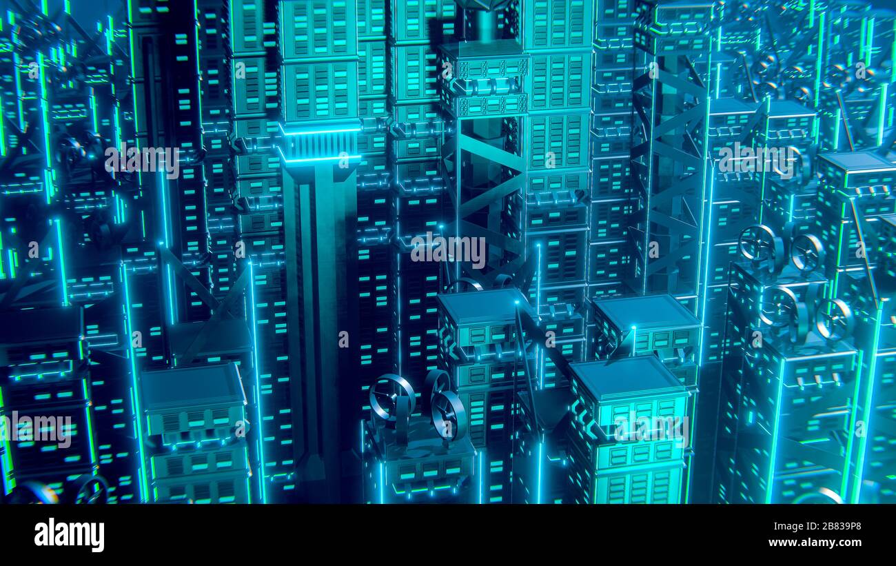 Futuristic skyscrapers. The flow of digital data. city of the future ...