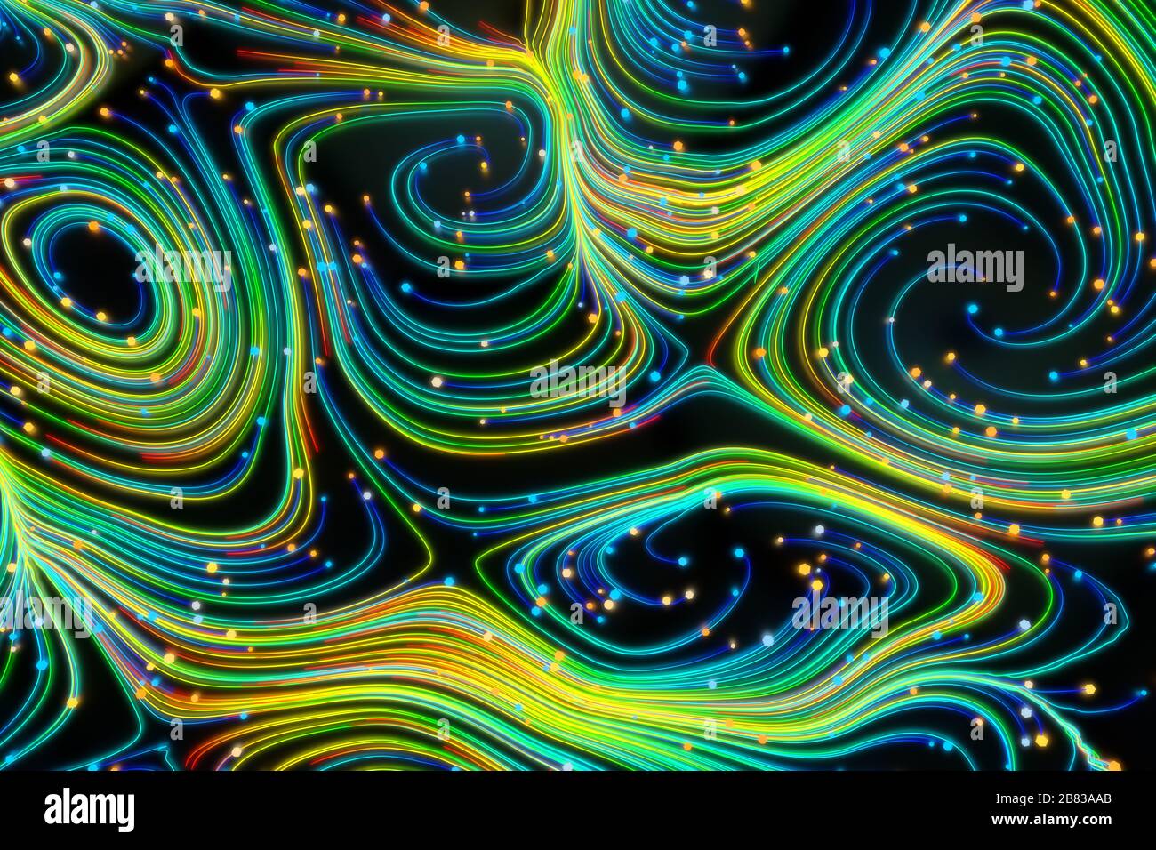Neon glowing twisted cosmic lines on the glossy surface. Turbulence ...