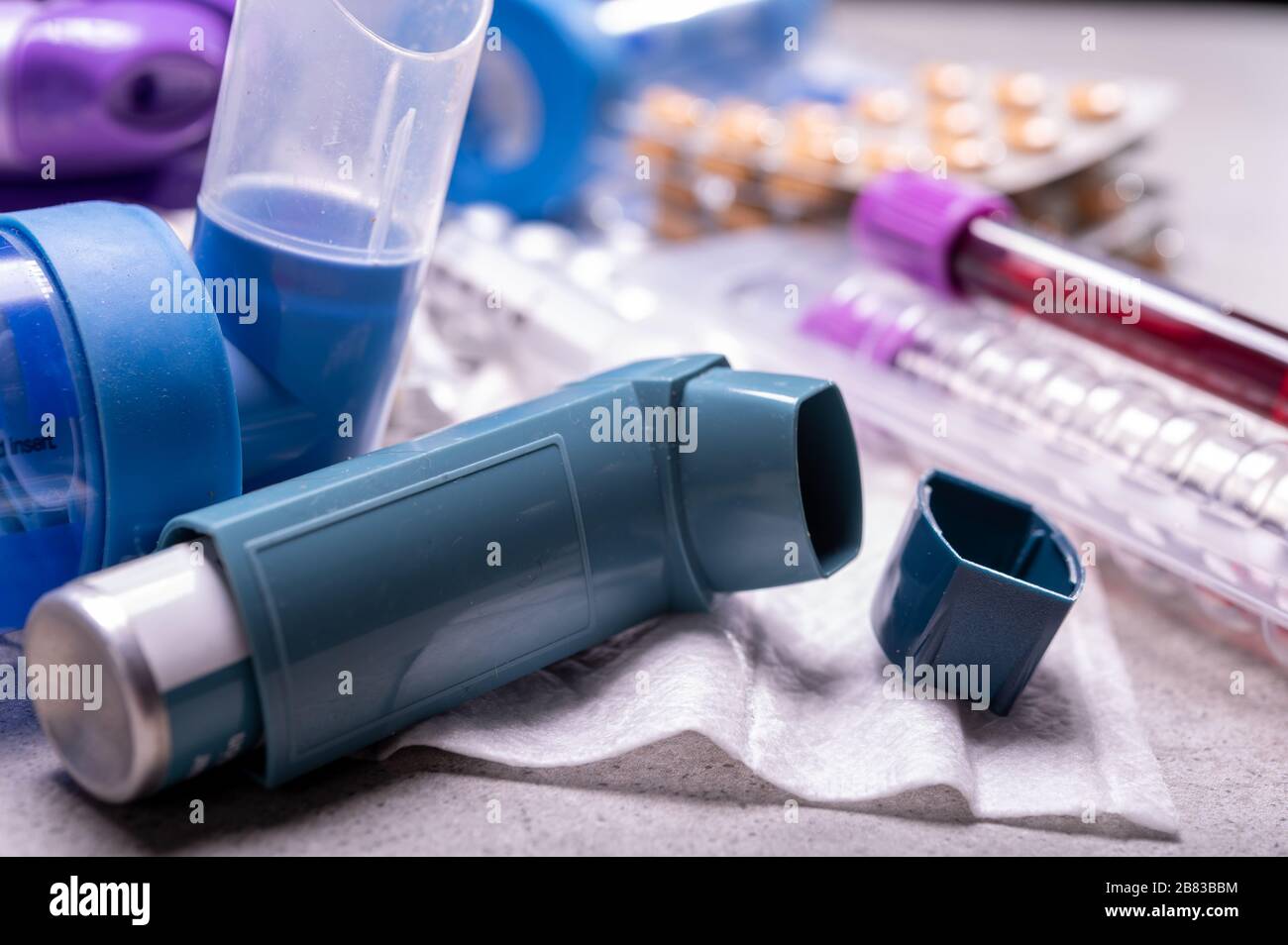 Different medicaments for asthma threatment, pills, inhalers, blood ...