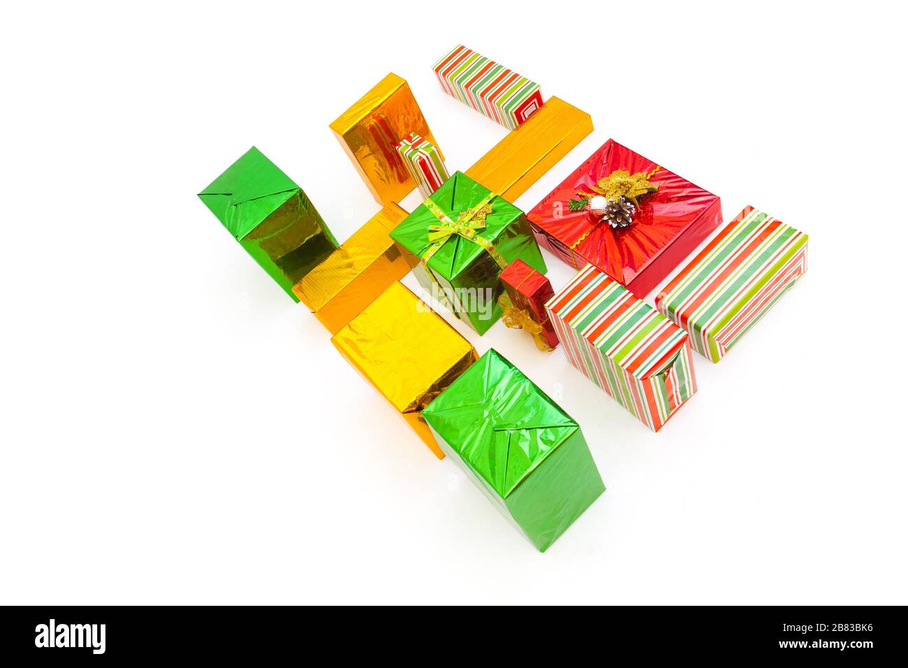 Shopping in colorful packaging. Boxes with xmas presents wrapped ...