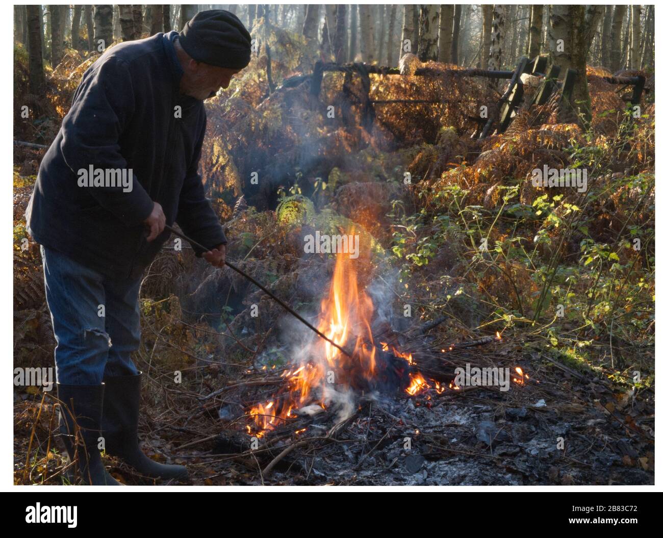 Woodlander tending fire Stock Photo - Alamy