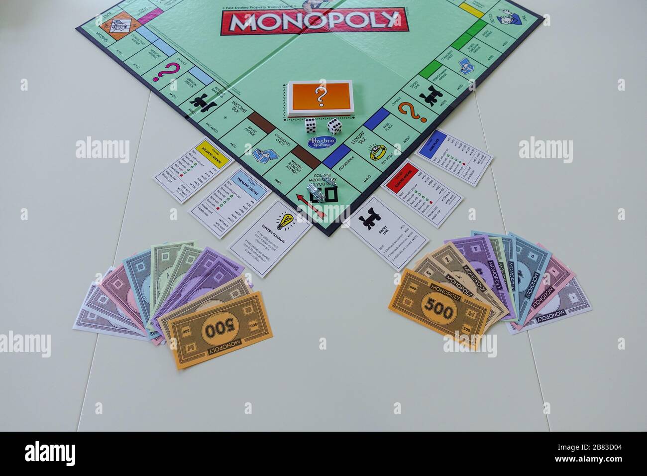 Orlando, FL/USA-12/20/19: Pieces for the game Monopoly by Hasbro on a ...