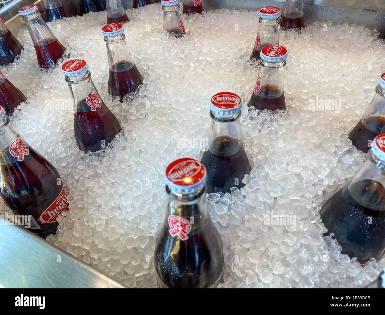 Orlando, FL/USA-12/10/19: A bin of iced down Cheerwine soft drink at a ...