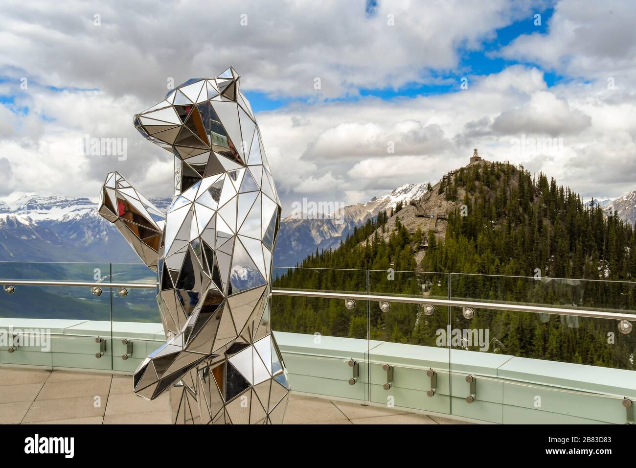 BANFF, AB, CANADA - JUNE 2018: Bear shaped sculpture made out of ...