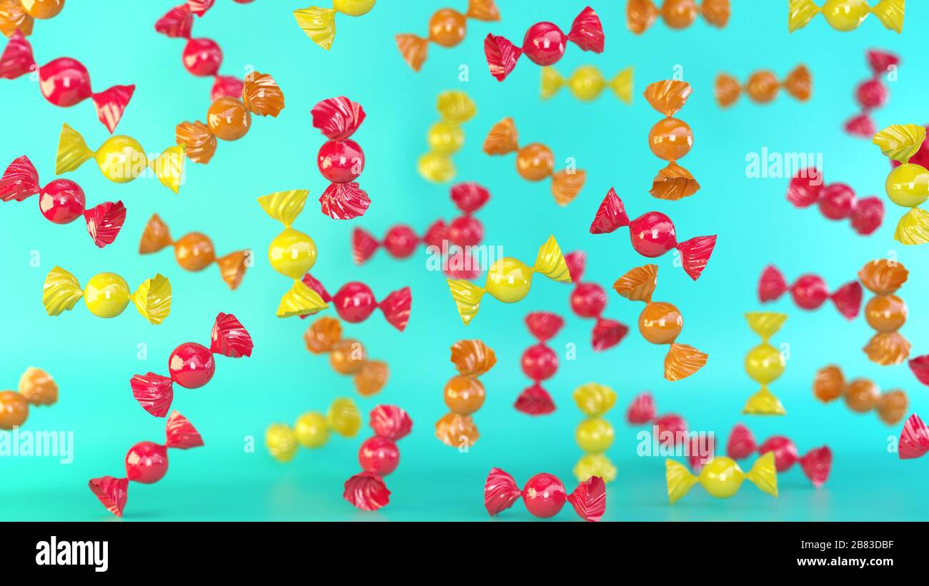 Colored candies falling on the ground and creating confetti. Blue ...
