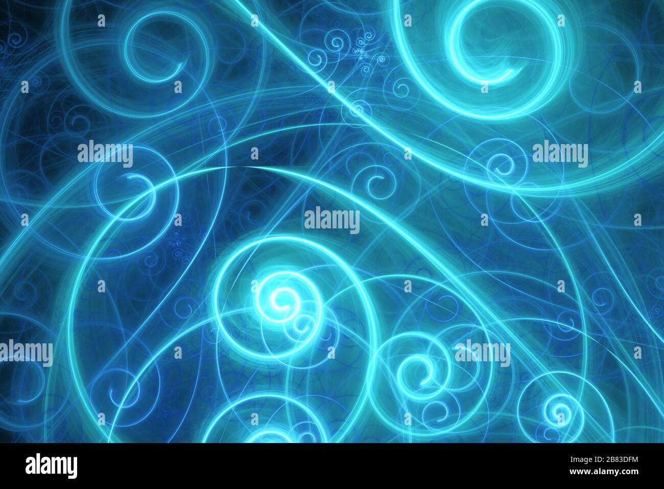 Neon glowing twisted cosmic lines flying in the space. Turbulence curls ...